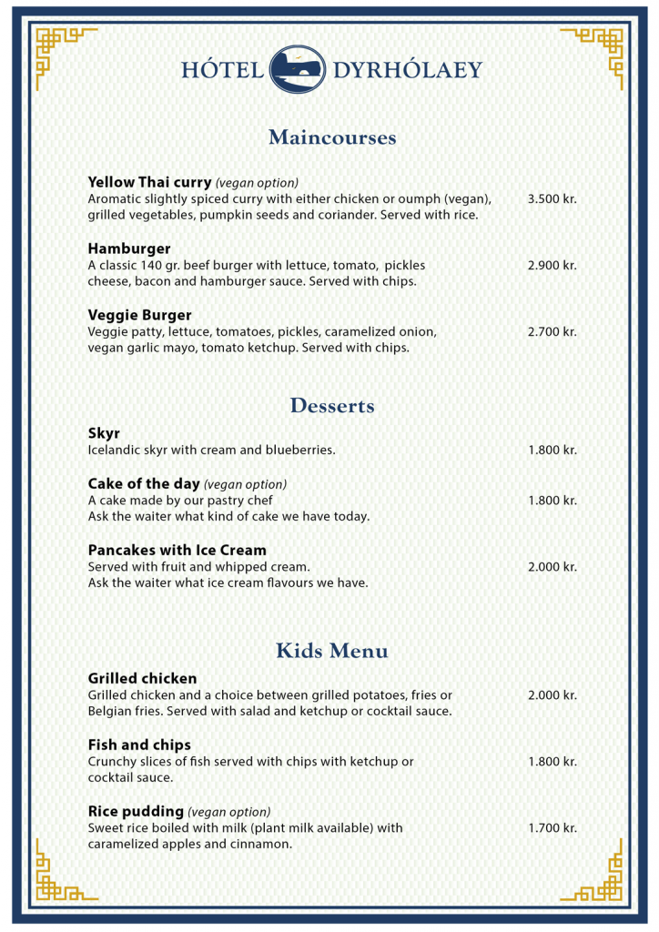 Menu - Hotel Dyrhólaey